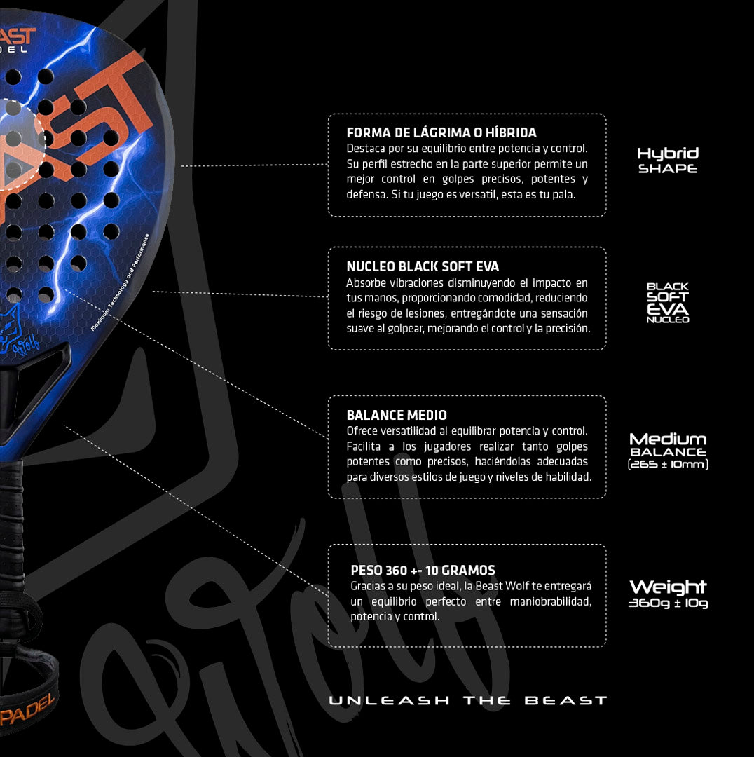 Pala Híbrida Beast Padel Wolf 12K Carbono Marco Integral de Carbono ...